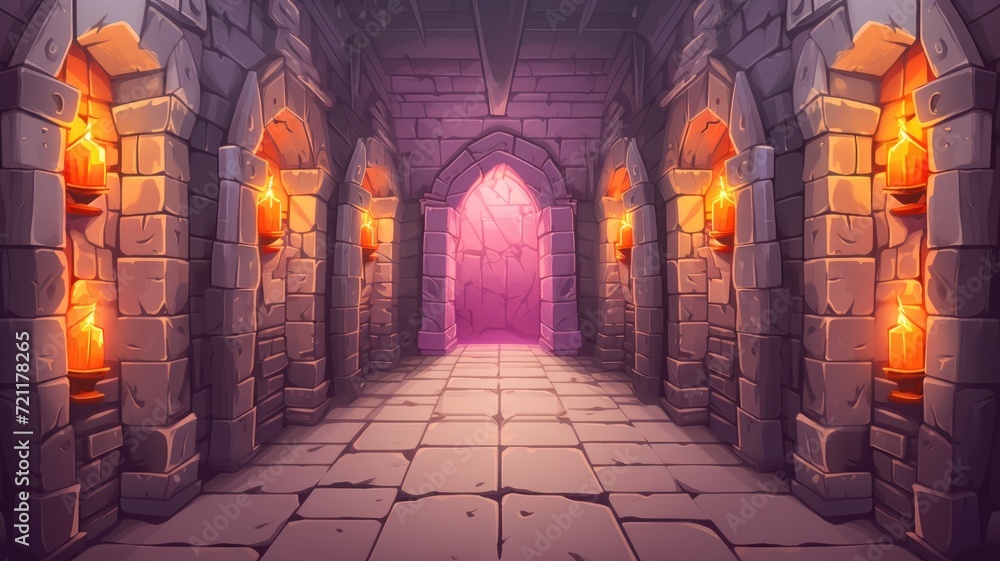 cartoon mystical castle corridor illuminated by glowing torches leading ...