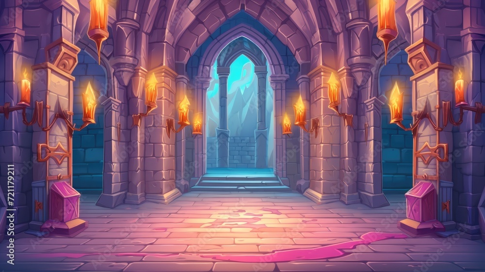 cartoon mystical castle corridor illuminated by glowing torches leading ...