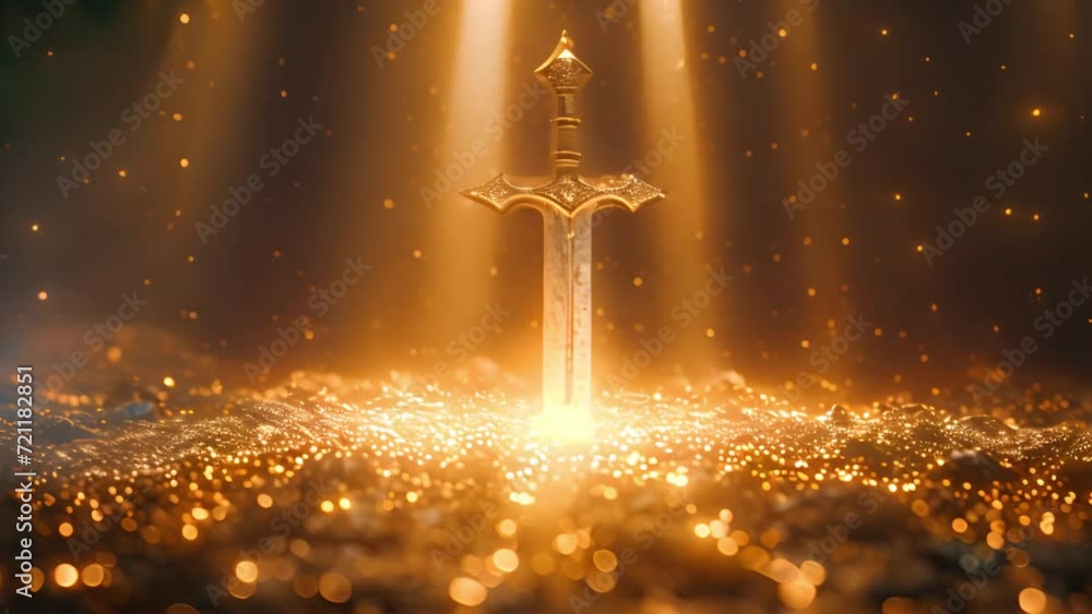 Magical metal sword in the ground with sparks. mysterious and magical ...