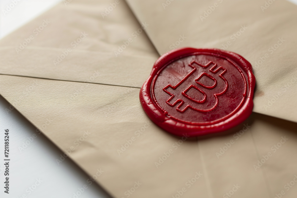 Bitcoin red wax seal on the old envelope, isolated white background ...