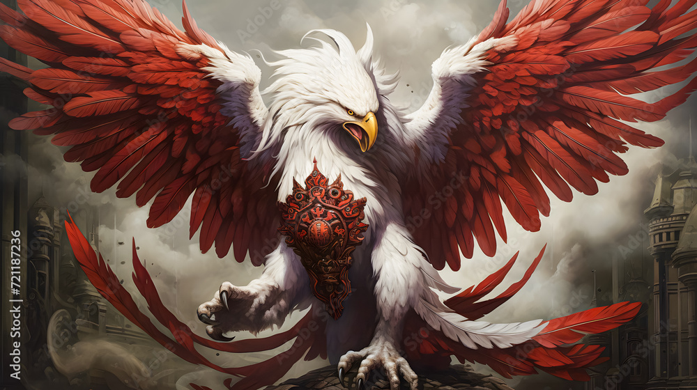 3D illustration of a garuda pancasila with red wings on a background of ...