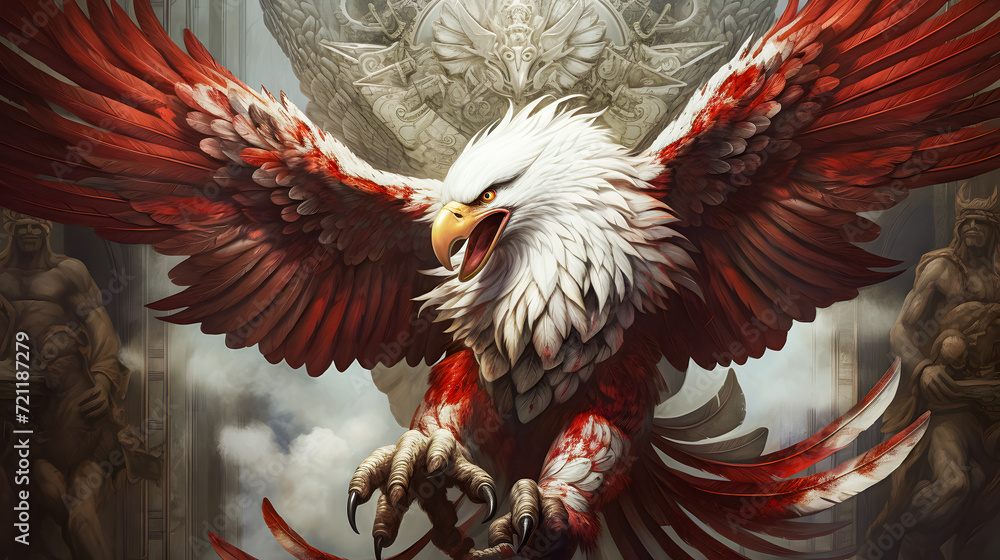 3D illustration of a garuda pancasila with red wings on a background of ...