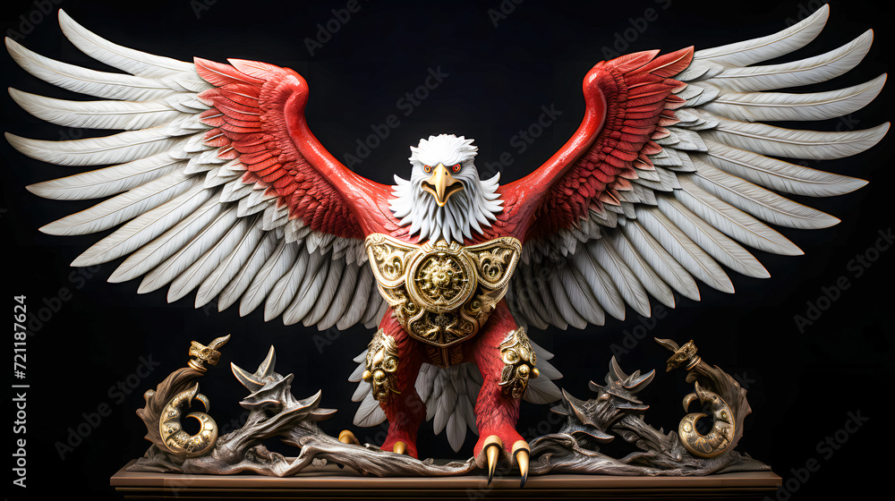 3D illustration of a garuda pancasila with red wings on a background of ...