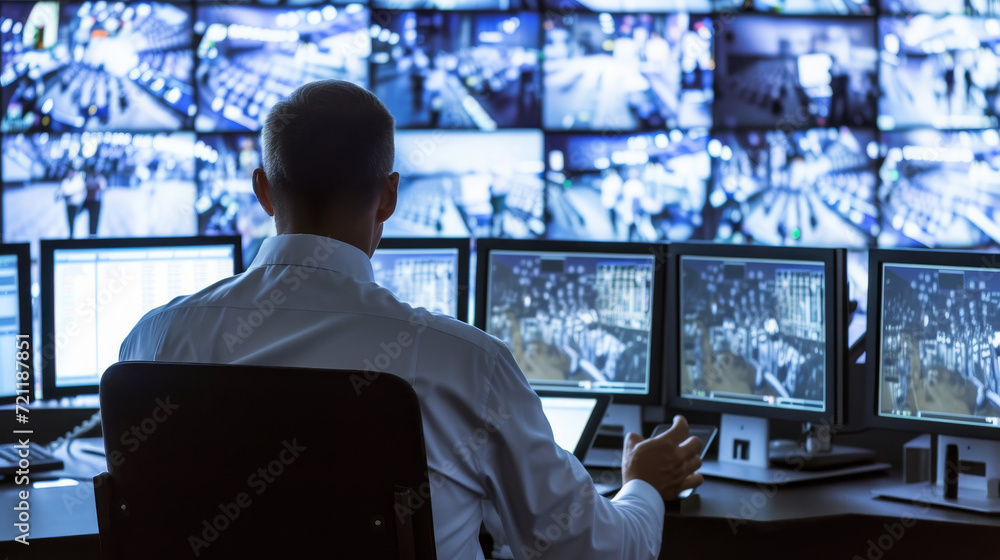 Security Professional Monitoring Multiple CCTV Feeds in a High-Tech ...