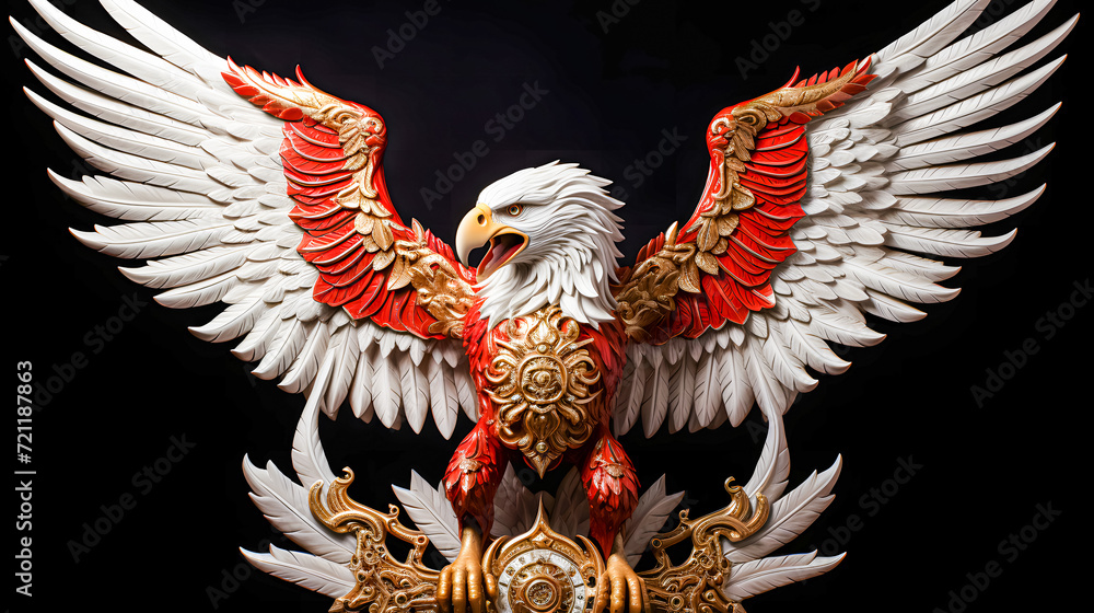 3D illustration of a garuda pancasila with red wings on a background of ...