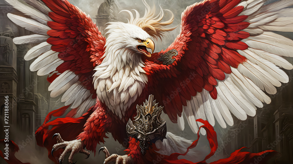 3D illustration of a garuda pancasila with red wings on a background of ...