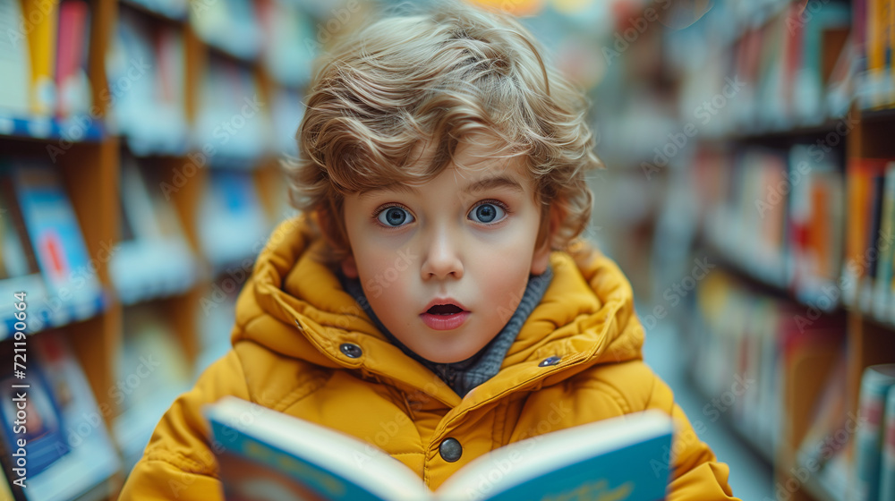 Cute boy with surprised face enjoying and reading a book in the school ...