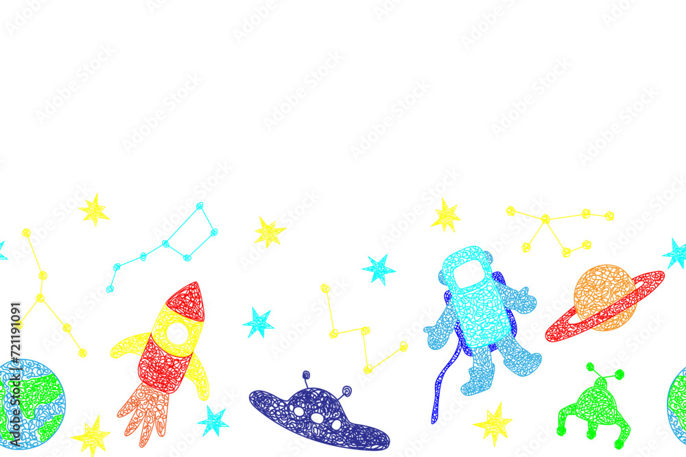 Seamless border with hand drawn stars, flying sauer, planet, mars rover ...