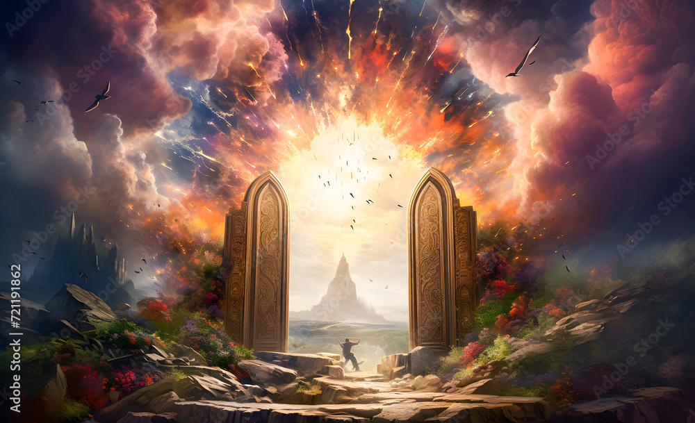 Mystical door to heaven with a man or woman standing at the entrance to ...
