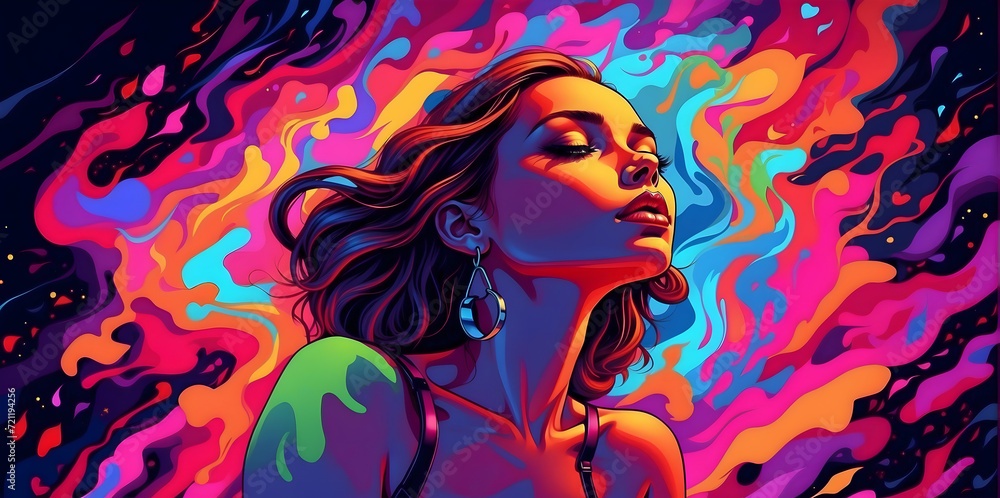 bold neon colors, cartoon style illustration of a woman as she sees the ...