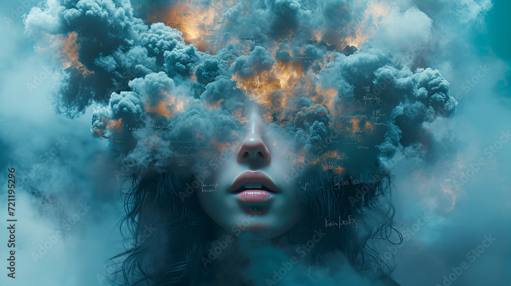 Dreamy Clouds and Mind Concept, mesmerizing portrait where a woman's ...