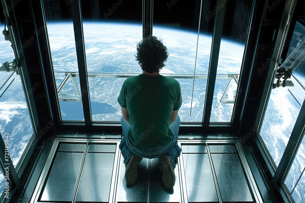 Rear view of a young man looking at the planet Earth from the window of ...