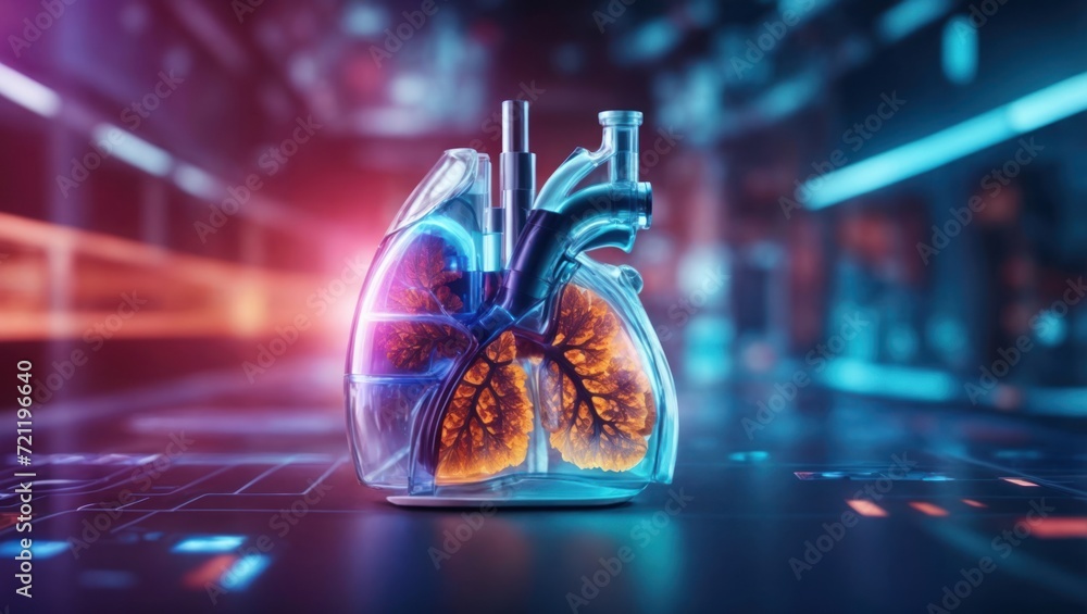 Human heart with lungs and trachea in medical background 3D rendering ...