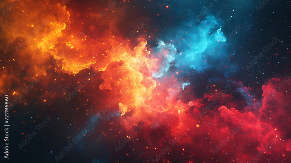 Cosmic explosion with gradients of fiery red, orange, and cosmic blues ...