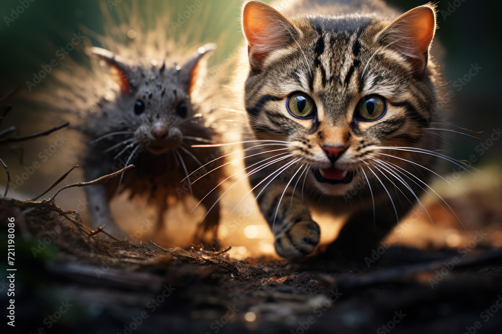 A mouse chasing a cat, depicting a reversal of the usual predator-prey ...