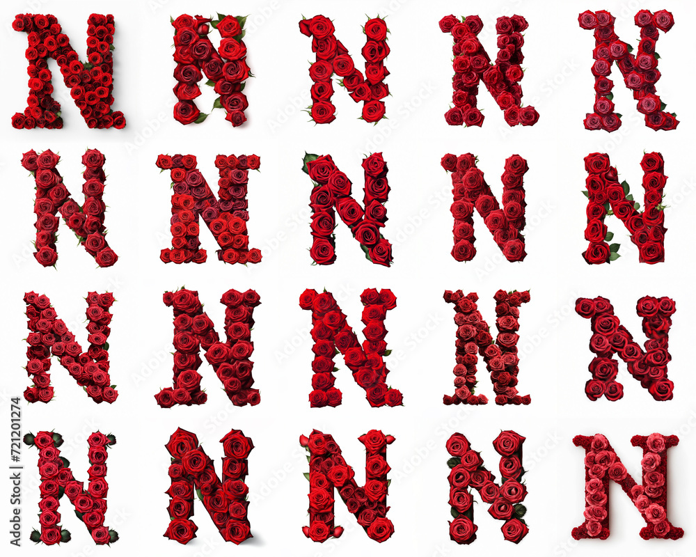 Group of various N shaped letters made from red rose flowers isolated ...