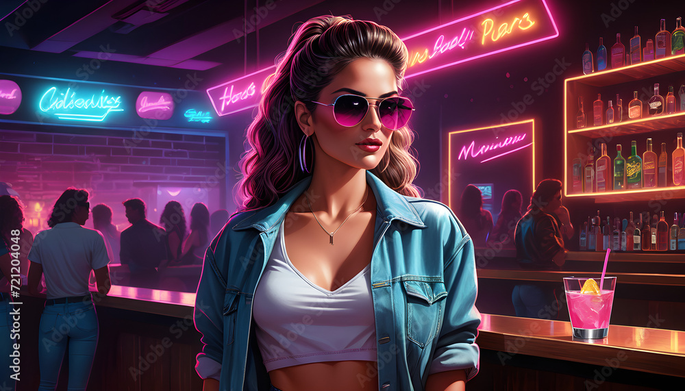 Stylish Woman in Vibrant Attire Posing at a Retro Bar With Neon Lights ...