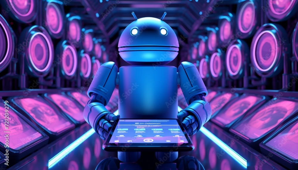 Android robot holds screen showcasing advanced technology and ...