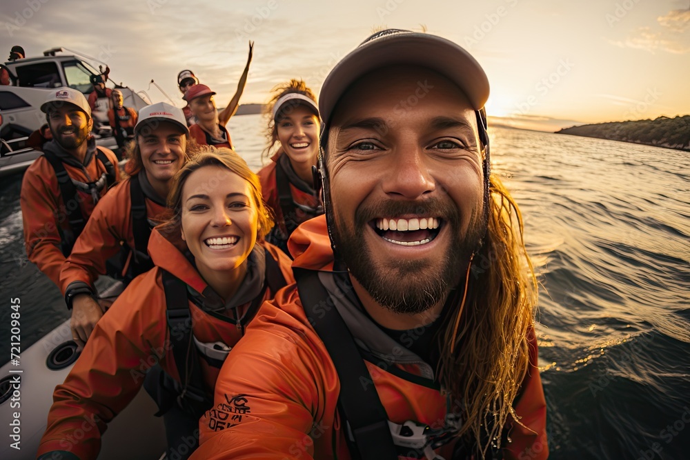 selfie of a group of people with a catch after a successful fishing ...