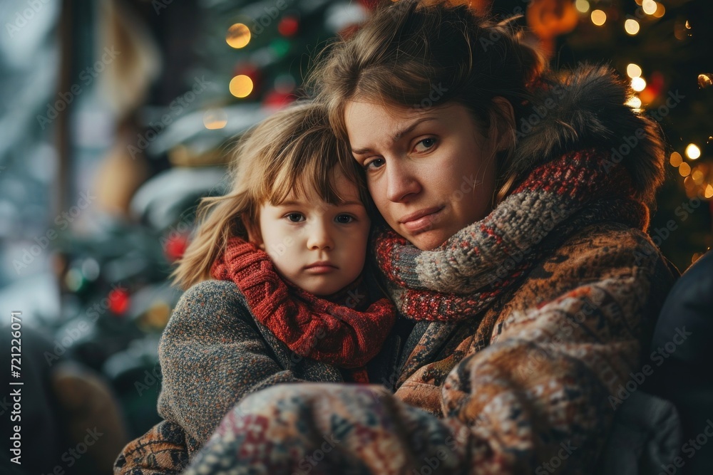 Sad Christmas in poor family. Mother hugs her kid, wants to comfort and ...