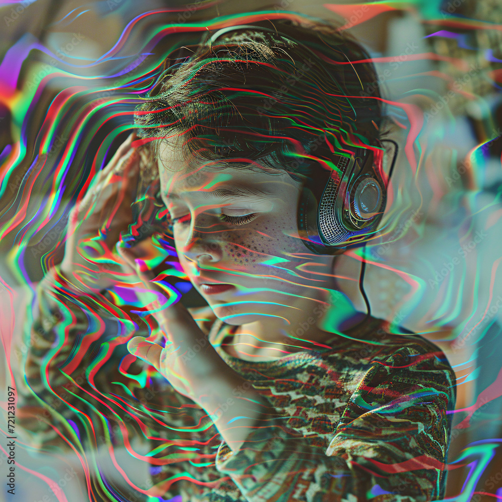 Child experiencing music through colorful visual distortion. Glitch ...