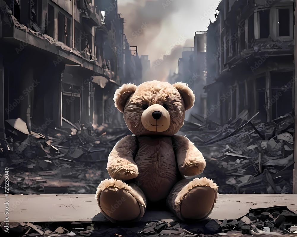 kids teddy bear toy over city burned destruction of an aftermath war ...