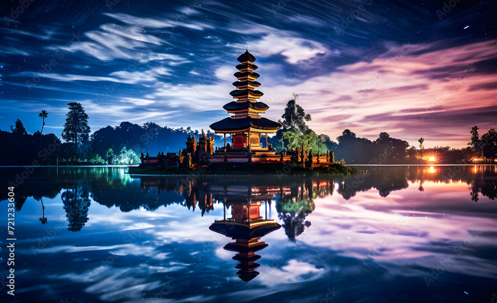 Pura temple at night with starry sky and reflection in water, Nyepi at ...