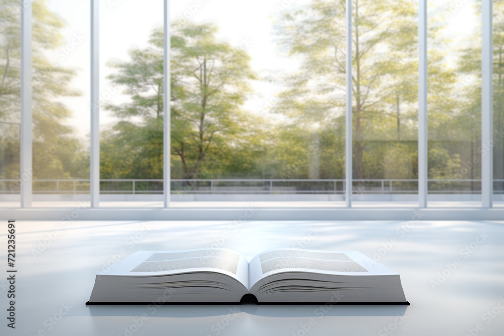An open book in front of a large window of a modern library behind ...