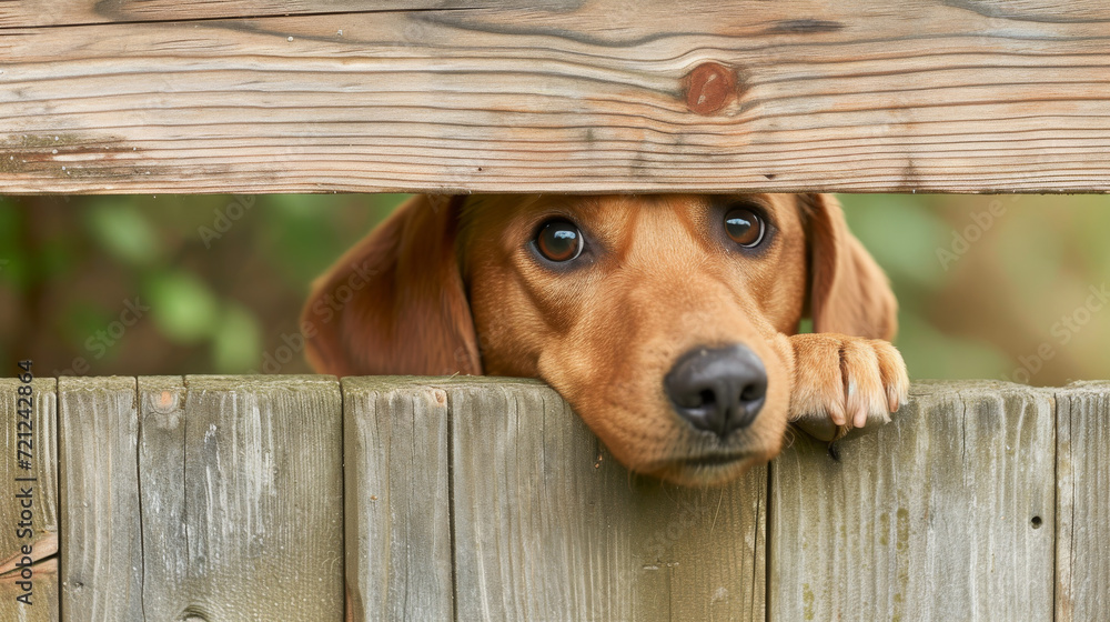 Golden-furred dog peering through a gap in the wooden slats of a fence ...