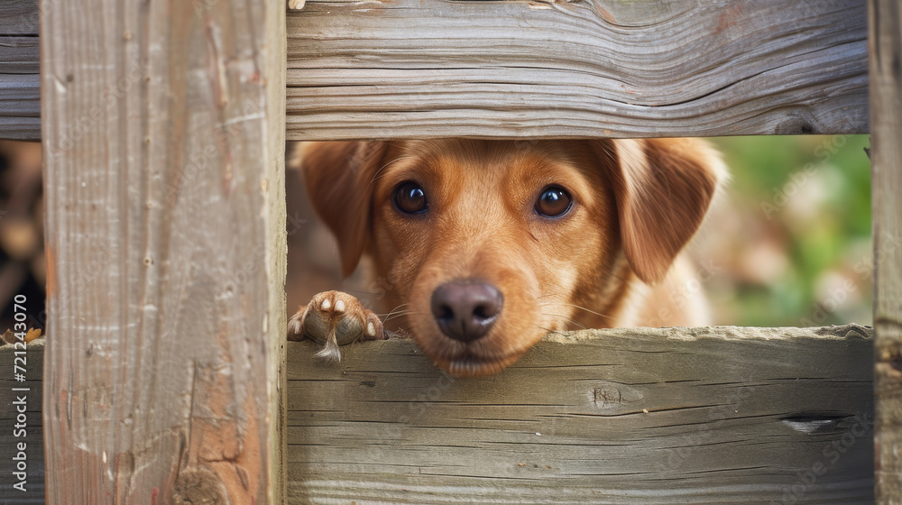 Golden-furred dog peering through a gap in the wooden slats of a fence ...