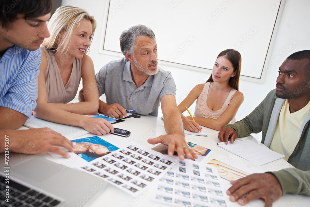 Magazine, meeting and planning design with people and review of ...