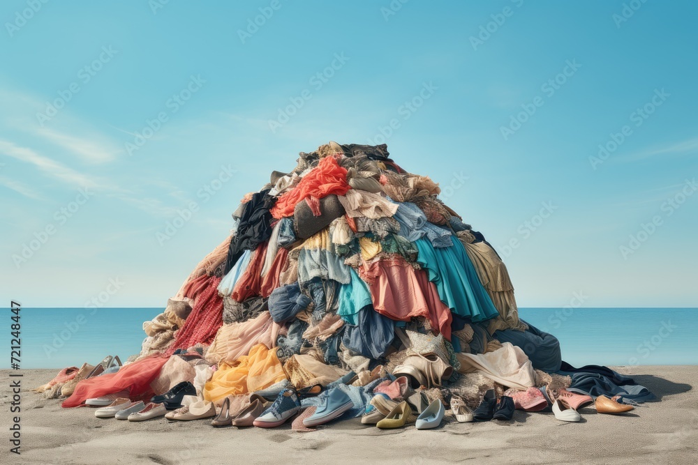 pile stack of textile fabric clothes shoes on the beach. environmental ...