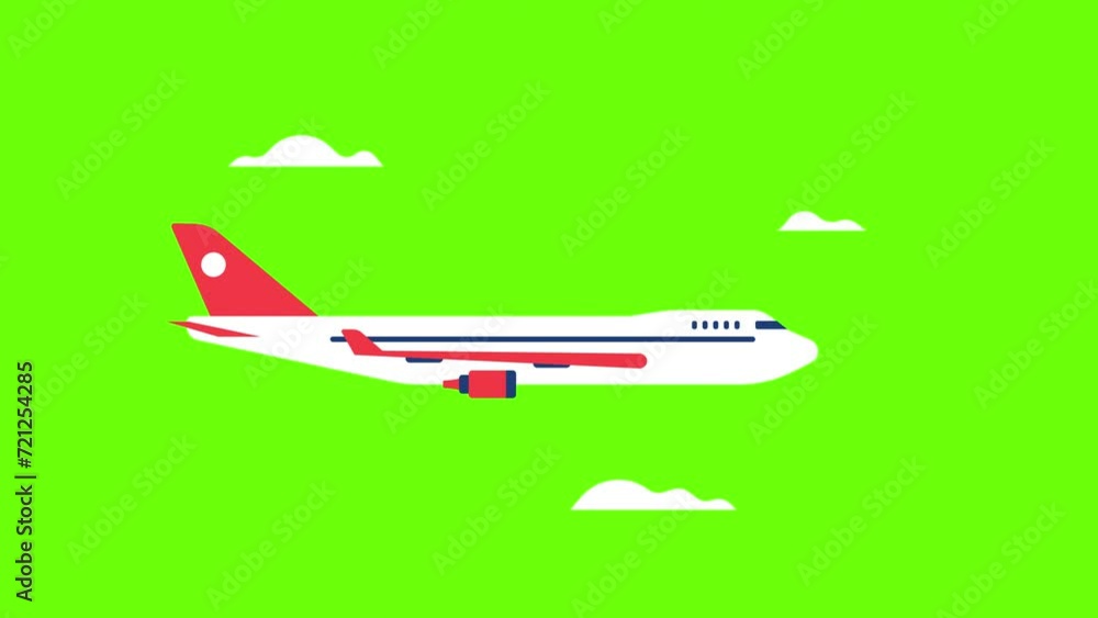Animated airplane flying through sky with white clouds. Flat vector ...