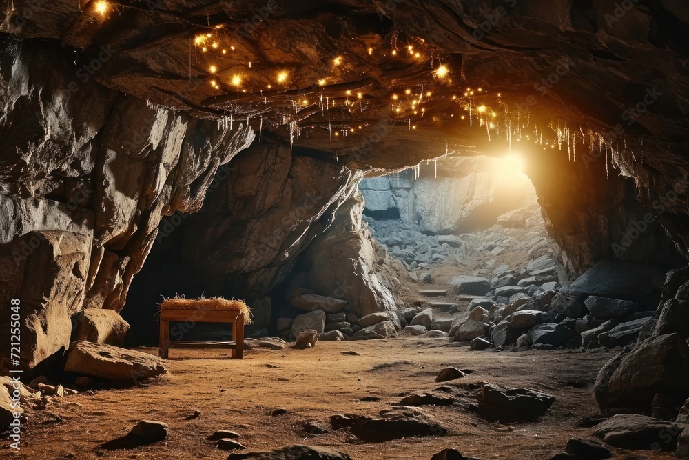 Christian Christmas scene with empty wooden manger, star of Bethlehem ...