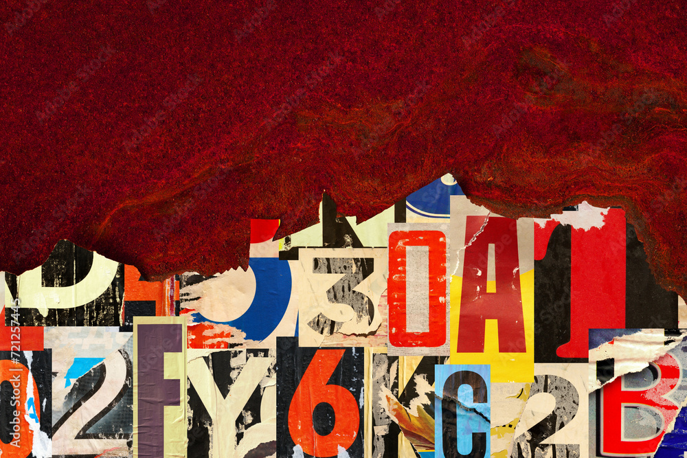 Collage of many numbers ripped torn advertisement street posters grunge ...