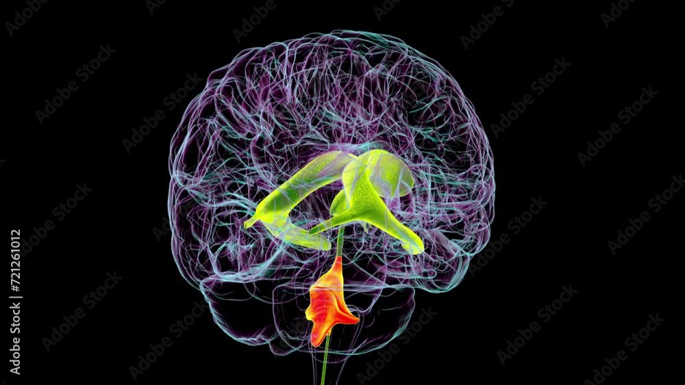 Anatomy of the fourth brain ventricle (highlighted in orange color), a ...