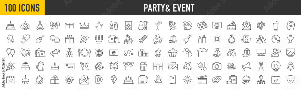 Set of 100 Party & Event web icons in line style. Birthday, dancing ...