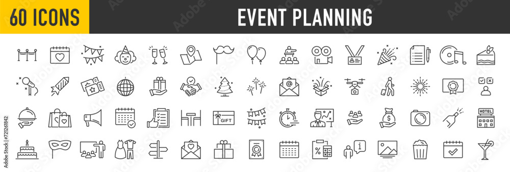 Set of 60 Event planning web icons in line style. Management, catering ...