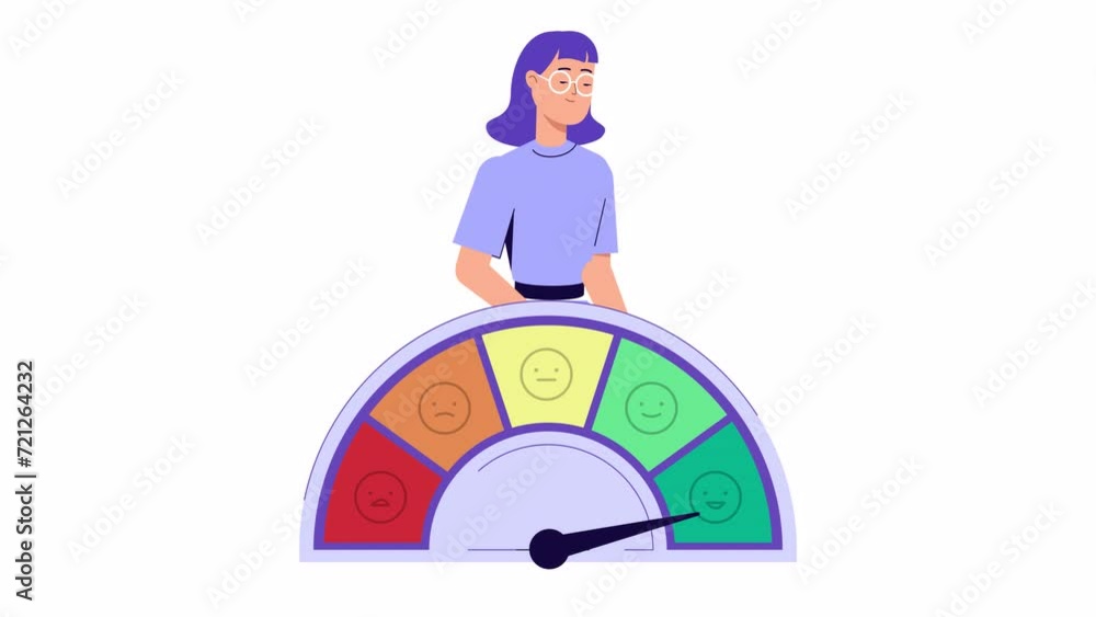 Speedometer With Emoticons Animation Girl Character Shows Thumbs Up Customer Satisfaction