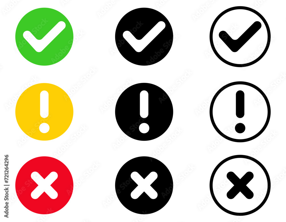 Set of flat round check mark, exclamation point, X mark icons, buttons ... Set of flat round check mark, exclamation point, X mark icons, buttons ...