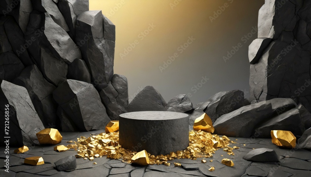 3d render, abstract background with black cobblestone ruins, broken ...