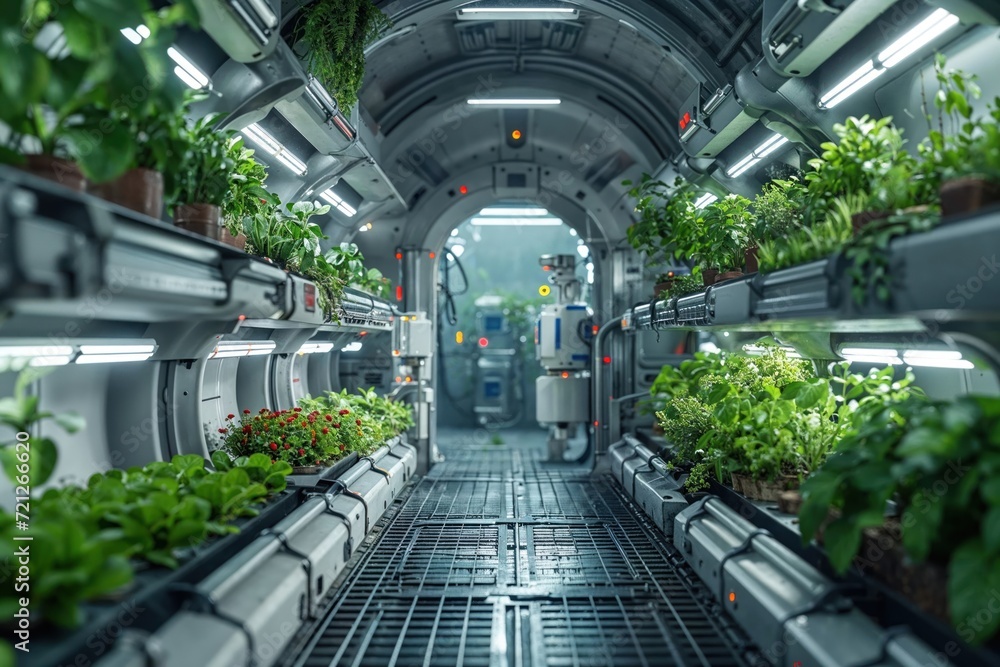 Innovative hydroponic farm inside a spacecraft with lush vegetation ...