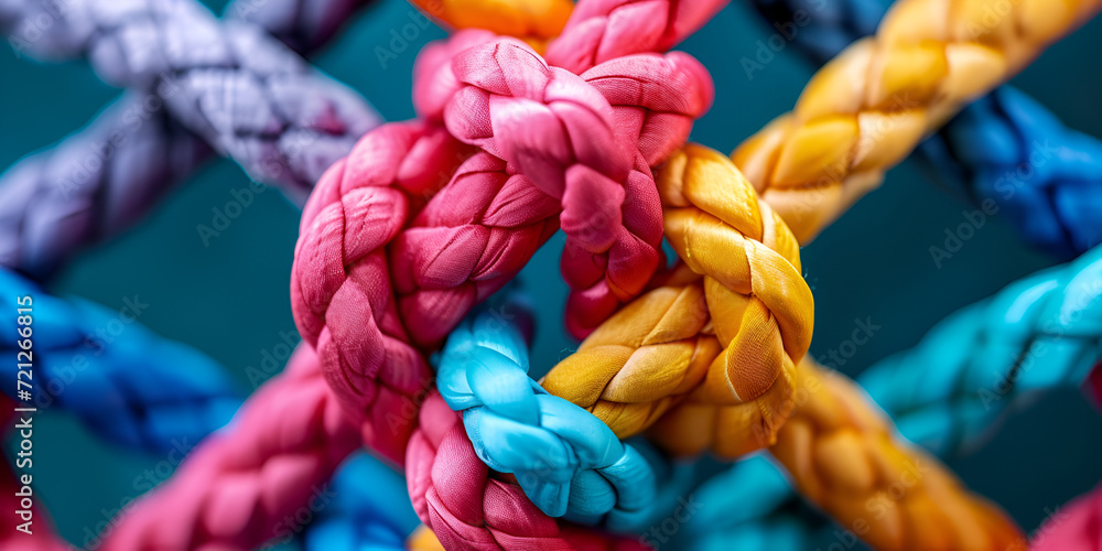 Different ropes are woven into a knot. Teamwork concept.Knotted Weaving ...