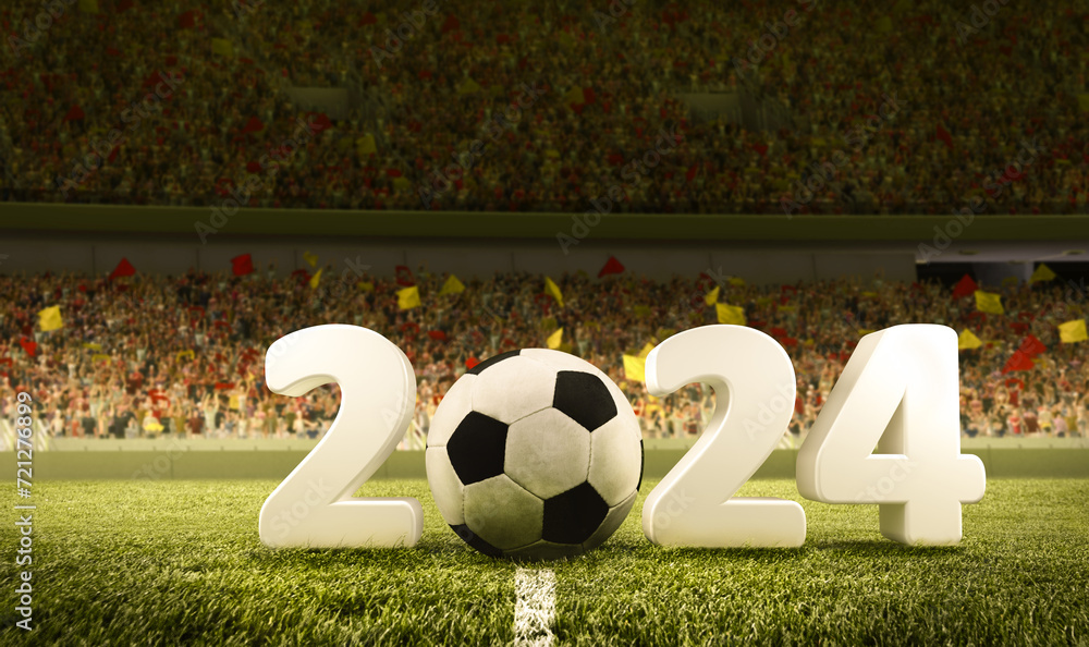 2024 numerals with soccer ball on green grass of sport field with fans ...