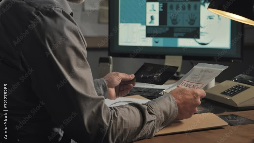 crime investigation detective examining evidence in office close up on ...