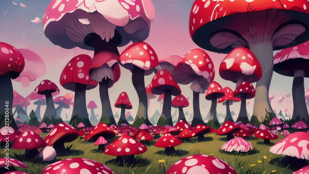 Gigantic Mycology Large Red Mushroom Field. Looping Animation of Fungi ...