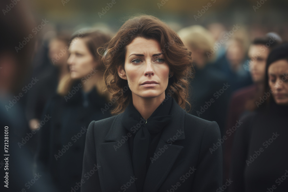 In black clothes. The sadness, deep mourning and heavy pain on the face ...