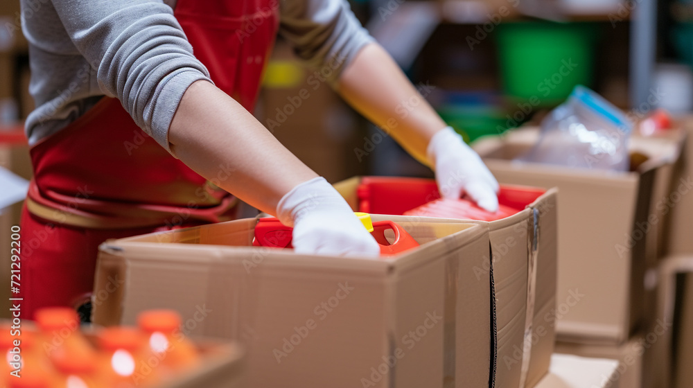 Social activist holding food bank container, provision project charity ...