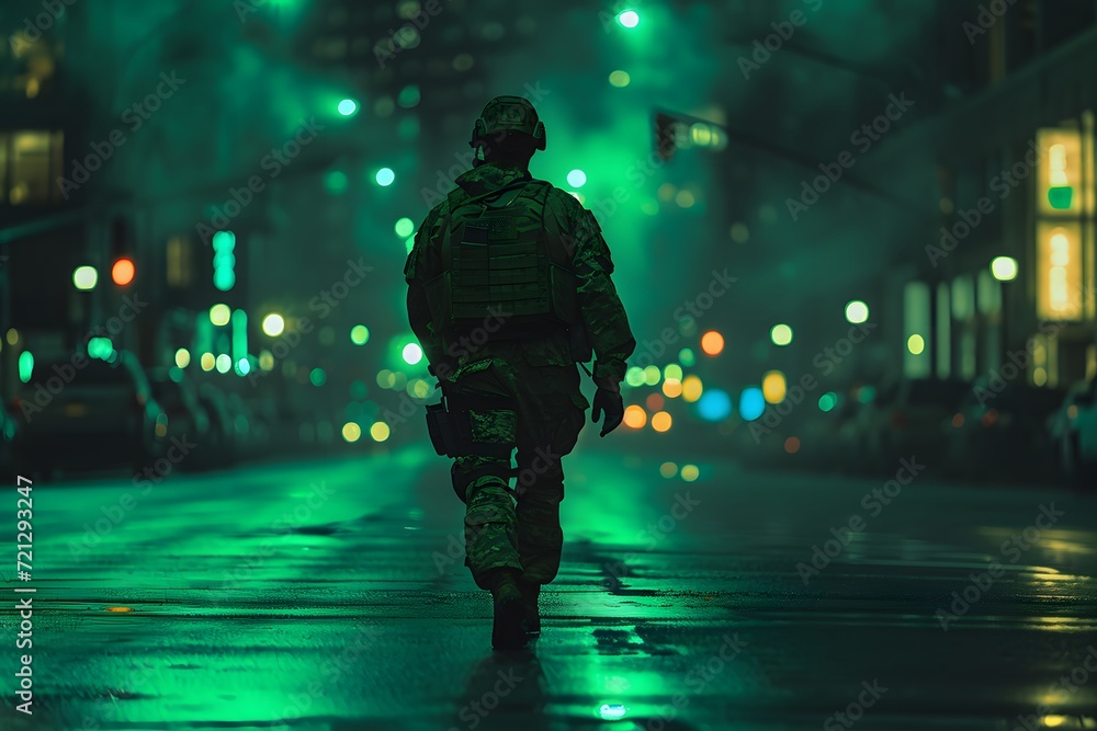 A cinematic shot of an armed soldier walking along a city street at ...