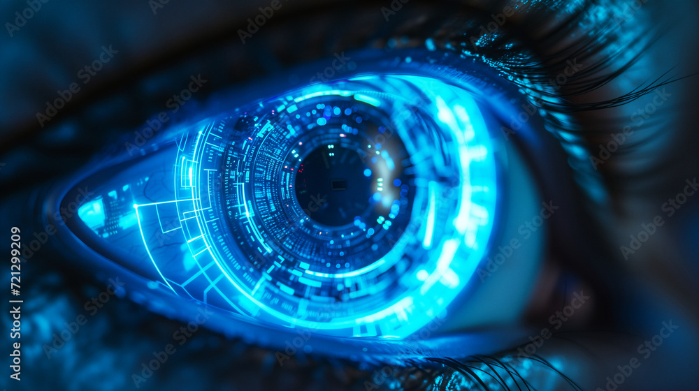 human eye with a detailed blue tech imprint, symbolizing advanced ...